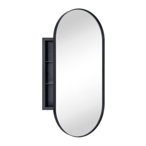 eghome matte black oval recessed bathroom medicine cabinet with mirror stainless steel metal framed oblong pill shaped bathroom cabinet with mirror 16x33''