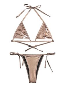 gorglitter women's sexy metallic swimsuit cut out triangle bikini set tie side thong bathing suit champagne medium