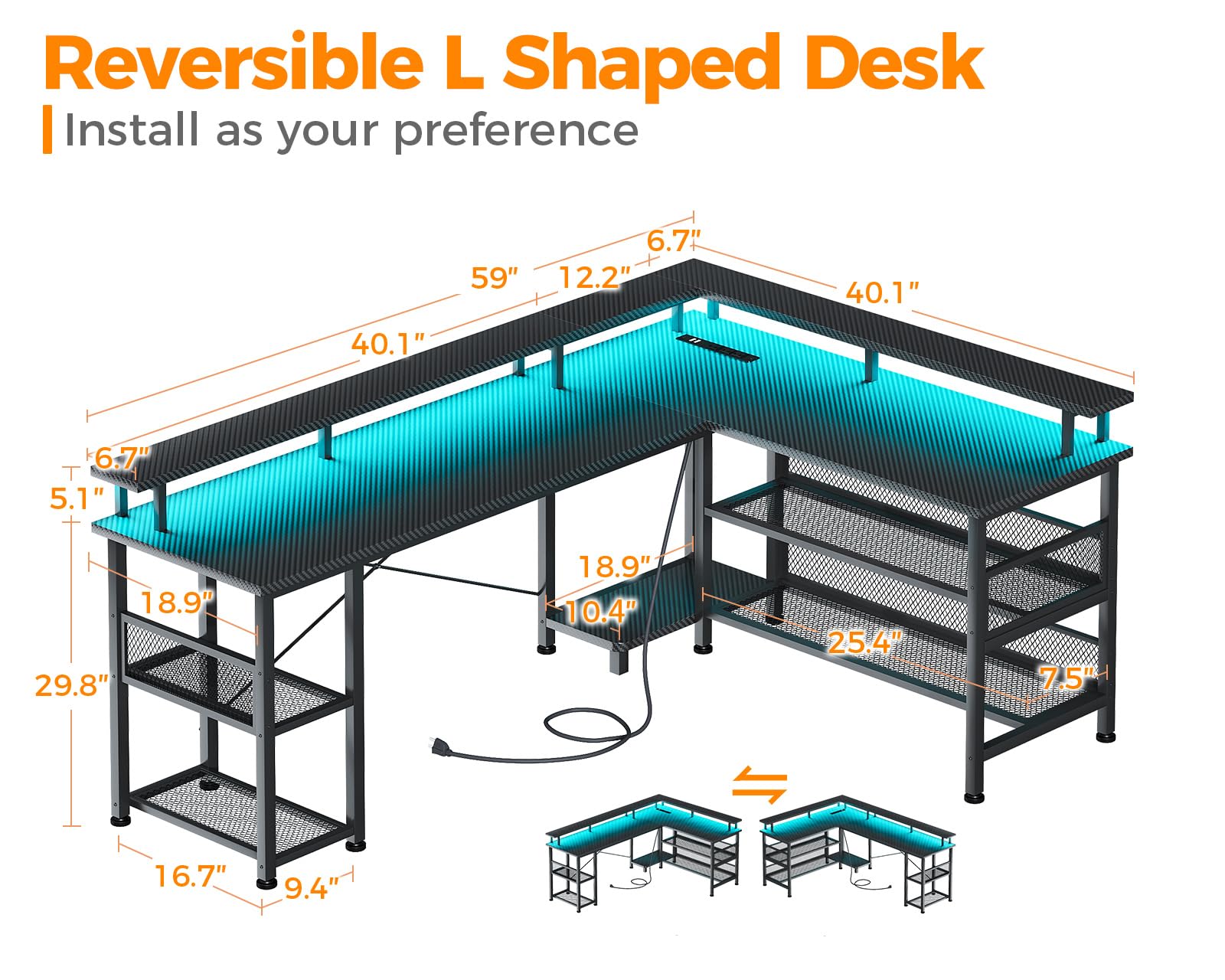 ODK 59" L Shaped Gaming Desk with Power Outlet and LED Lights, PC Gaming Table with USB Ports, Reversible L Shape Desk with Storage Shelves & Monitor Stand, Home Office Desk, Black Carbon Fiber