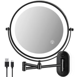 rechargeable wall mounted makeup mirror, 8.5 inch double-sided 1/10x magnifying bathroom mirror with 3 color lights, lighted vanity mirror with 2-touch screen dimming & luminance memory