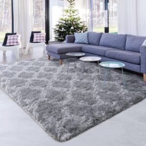 unirea 8x10 feet luxury shag area rug modern indoor plush fluffy rugs, super soft and fuzzy carpet, geometric rugs for bedroom living room girls kids nursery, light grey/white