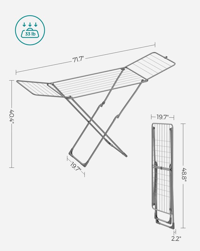 SONGMICS Clothes Drying Rack, Metal Laundry Drying Rack, Foldable, Space-Saving, Free-Standing Airer, with Gullwings, Indoor Outdoor Use, Bed Linen Clothing, Gray ULLR540G01