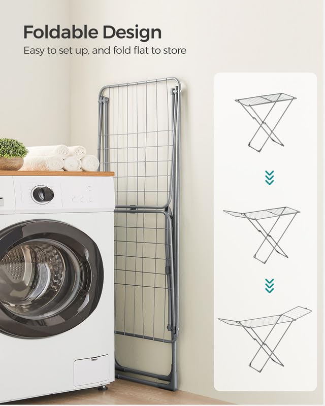 SONGMICS Clothes Drying Rack, Metal Laundry Drying Rack, Foldable, Space-Saving, Free-Standing Airer, with Gullwings, Indoor Outdoor Use, Bed Linen Clothing, Gray ULLR540G01