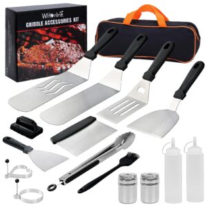 whonline griddle accessories, 16pcs, griddle spatula set for blackstone and camp chef stainless steel bbq accessories with spatula, scraper, bottle, tongs, egg ring