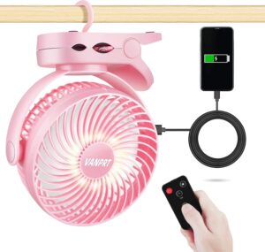 vanprt 6'' portable hanging rv tent fan with remote control,10000mah battery camping fan with led light and timer, 40 hours working time rechargeable clip fan, as emergency power - pink