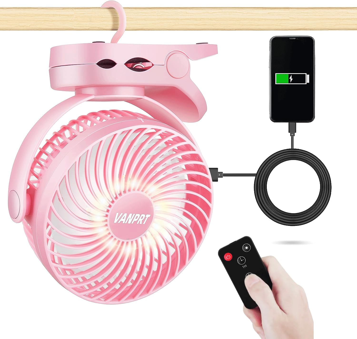 VANPRT 6'' Portable Hanging RV Tent fan with Remote Control,10000mAh Battery Camping Fan with LED light and Timer, 40 Hours Working Time Rechargeable Clip Fan, as Emergency Power - Pink