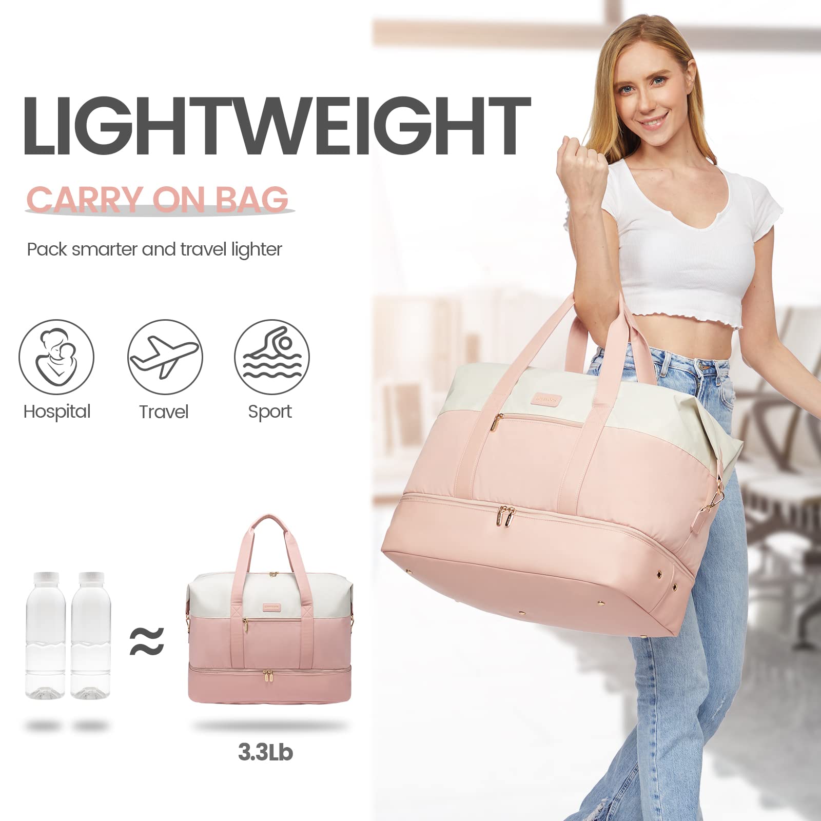 LOVEVOOK Travel Duffle Bag,Weekender Bags with Shoe Compartment,56L Carry on Overnight Bag for Women with 2 Packing Cubes, Hospital Bags for Labor and Delivery,Pink White