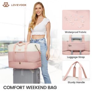 LOVEVOOK Travel Duffle Bag,Weekender Bags with Shoe Compartment,56L Carry on Overnight Bag for Women with 2 Packing Cubes, Hospital Bags for Labor and Delivery,Pink White