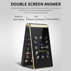 Senior Flip Phone, 2G Cell Phone with 3 Inch Double Screen, Large Buttons, LED Flashlight, Cellphone for Elderly Parents (Gold)