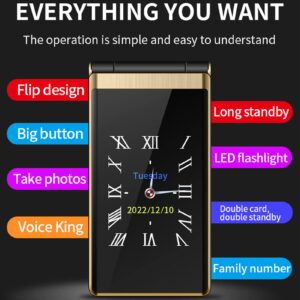 Senior Flip Phone, 2G Cell Phone with 3 Inch Double Screen, Large Buttons, LED Flashlight, Cellphone for Elderly Parents (Gold)