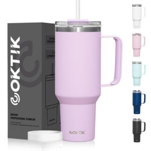 coktik 40 oz tumbler with handle and straw lid, 2-in-1 lid (straw/flip), vacuum insulated travel mug stainless steel tumbler for hot and cold beverages,easy to clean (lavender purple)