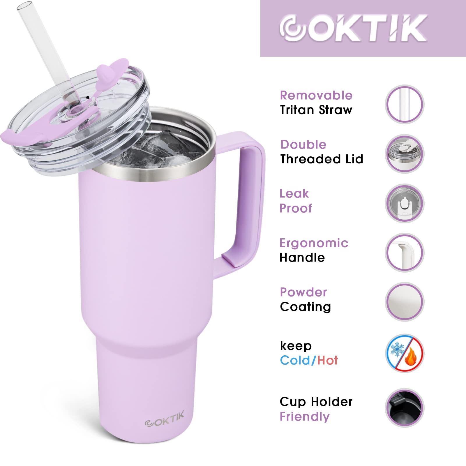 COKTIK 40 oz Tumbler With Handle and Straw Lid, 2-in-1 Lid (Straw/Flip), Vacuum Insulated Travel Mug Stainless Steel Tumbler for Hot and Cold Beverages,Easy to Clean (Lavender Purple)