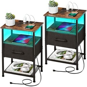 lakemid nightstands set of 2 with charging station and drawer, end table bedside table with 20 colors led light strip and 2 layers shelf for bedroom living room sofa (rustic brown)