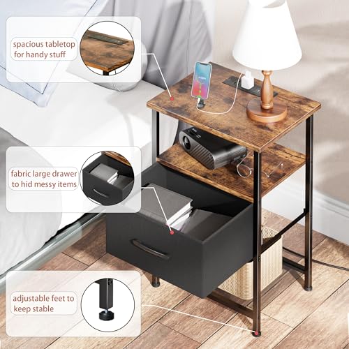 LAKEMID Nightstands Set of 2 with Charging Station and Drawer, End Table Bedside Table with 20 Colors LED Light Strip and 2 Layers Shelf for Bedroom Living Room Sofa (Rustic Brown)