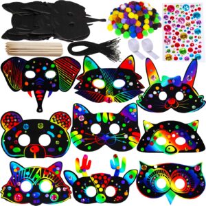 winlyn 27 sets magic scratch off art rainbow magic scratch paper animal masks owl rabbit tiger wolf bear squirrel fox bear elephant cutouts face kids jungle forest animal birthday party activities