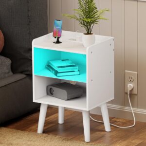 lakemid night stand with charger station, bedside table with led lights, side table with fast usb-c port, nightstand with solid wood feet, small end table for bedroom, living room, white