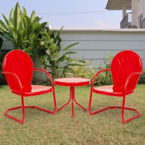 patio bistro set retro metal outdoor seating set conversation set 3 piece, 2 c-spring motion chairs and side table, red