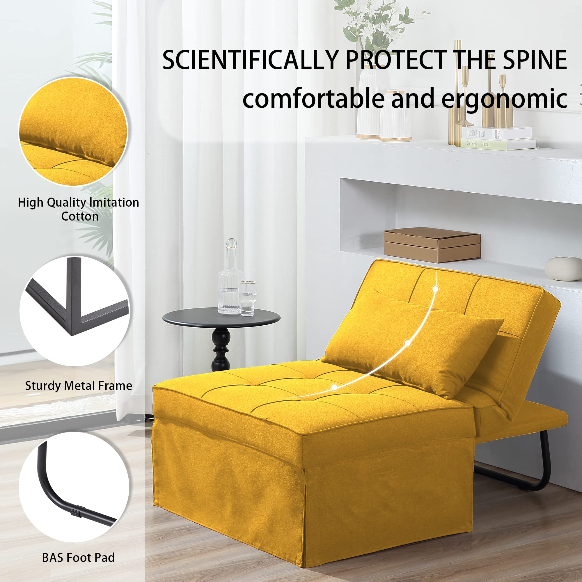 Sofa Bed, 4 in 1 Multi-Function Folding Ottoman Breathable Linen Couch Bed with Adjustable Backrest Modern Convertible Chair for Living Room Apartment Office, Yellow