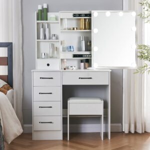 vanity set dressing table with makeup mirror & 10 light bulbs, white vanity table with drawers & cushioned stool for bedroom modern (h3056)