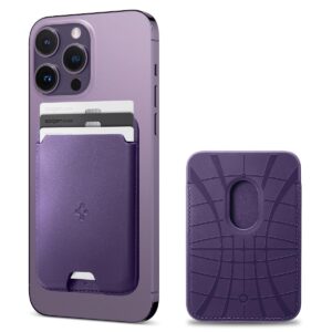 spigen magnetic wallet card holder designed for magsafe compatible with iphone 15, iphone 14, iphone 13, iphone 12 models - pu purple (3-cards)