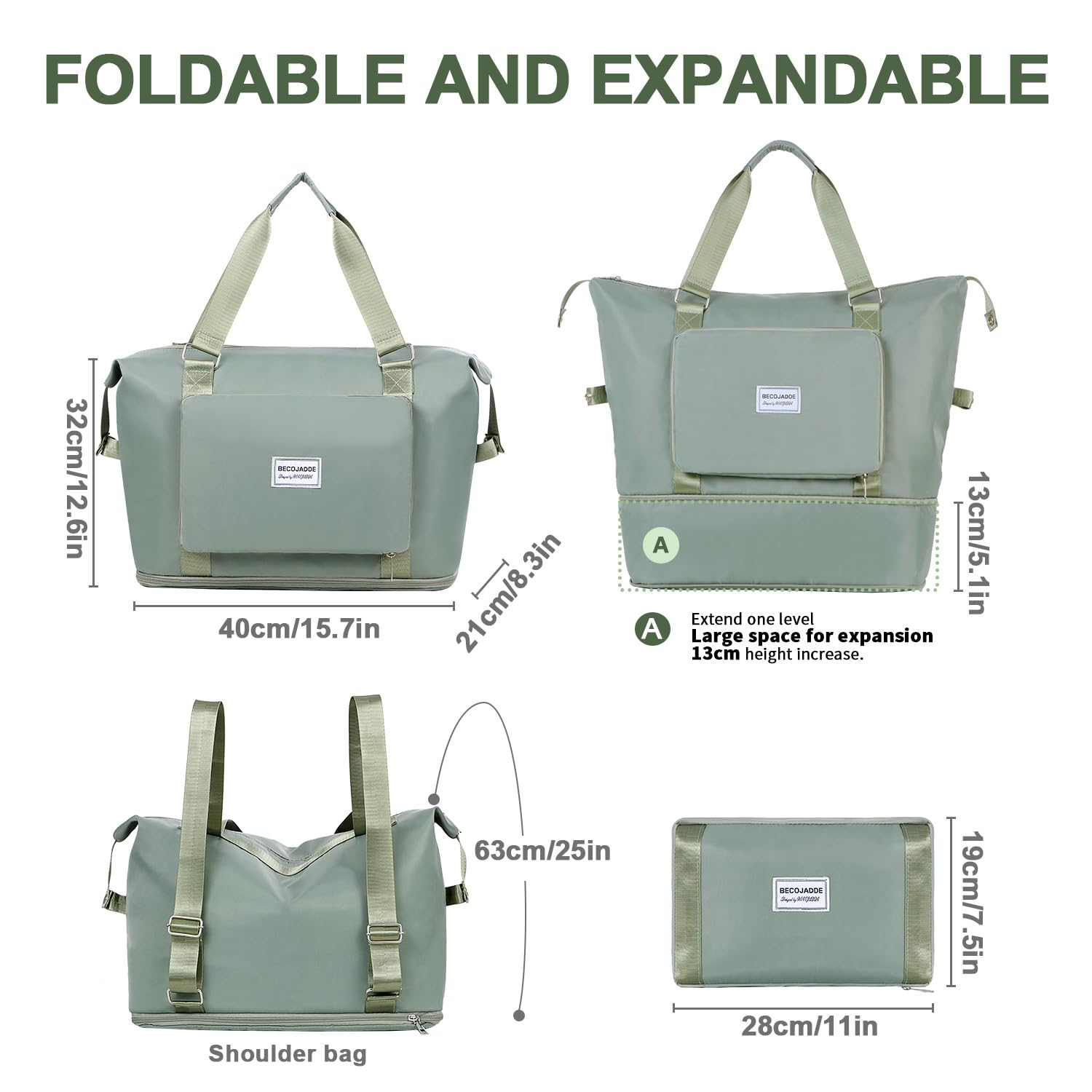 BECOJADDE Double Shoulder Strap Expandable Travel Bag with Wet Compartment, Foldable Carry On Travel Tote Bag, Green