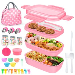 leitao 29 packs bento box kids adult lunch box 1900ml 3 layer stackable lunch box with lunch bag, multiple compartments bento box with built-in utensil set, diy accessories, bags (pink)