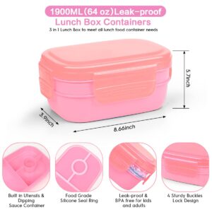 LEITAO 29 Packs Bento Box Kids Adult Lunch Box 1900ML 3 Layer Stackable Lunch Box with Lunch Bag, Multiple Compartments Bento Box With Built-in Utensil Set, DIY Accessories, Bags (Pink)