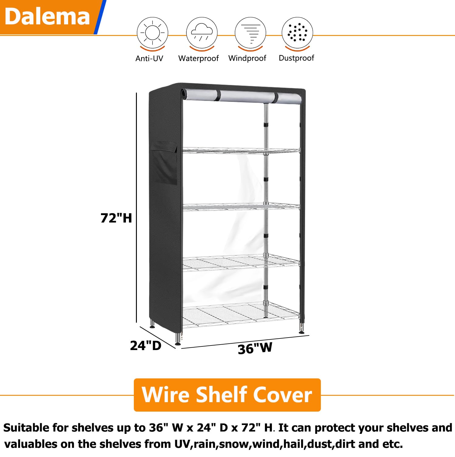 Dalema Waterproof Shelf Cover,600D Heavy Duty Dustproof Storage Wire Rack Covers,Outdoor Shelving Covers for Wire Shelves with Zipper 36''x24''x72'',Black.