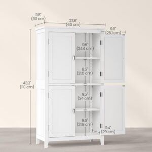 VASAGLE Bathroom Floor Storage Cabinet, Bathroom Storage Unit, Freestanding Cabinet with 4 Doors, Adjustable Shelves, 11.8 x 23.6 x 43.3 Inches, White UBBC552P31