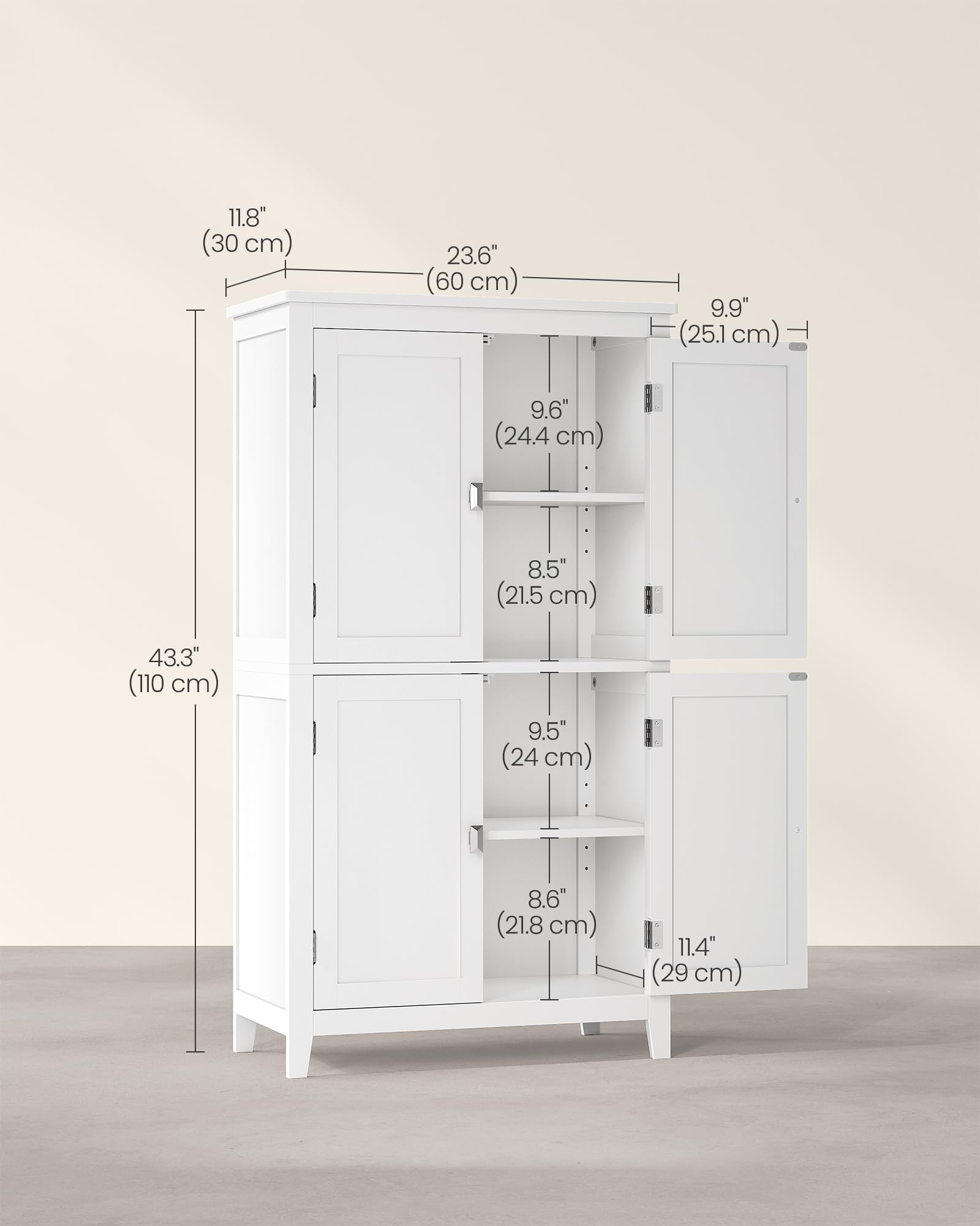 VASAGLE Bathroom Floor Storage Cabinet, Bathroom Storage Unit, Freestanding Cabinet with 4 Doors, Adjustable Shelves, 11.8 x 23.6 x 43.3 Inches, White UBBC552P31