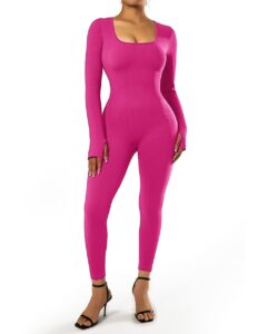 suuksess women ribbed stretchy one piece jumpsuits yoga long sleeve workout jumpsuits (hot pink,s)