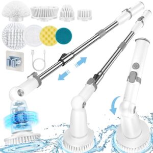 mabogu electric spin scrubber, cordless shower scrubber with 8 replaceable brush heads, bathroom scrubber electric dual speeds, shower cleaning brush with extension arm for tub tile floor(grey&white)