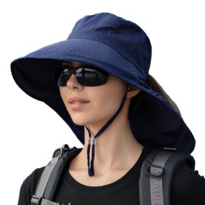 women sun hats uv protection wide brim foldable ponytail hole beach hats with neck cover for gardening (navy)