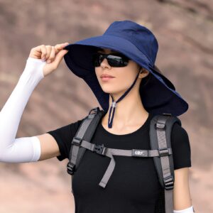 Women Sun Hats UV Protection Wide Brim Foldable Ponytail Hole Beach Hats with Neck Cover for Gardening (Navy)