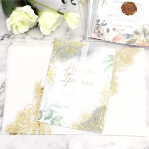 Ayfjovs 120 Pack Luxury Gold Foil Floral Vellum Paper Wedding Invitation Paper for 5x7 Invitations, Vellum Jackets for 5x7 Invitations, Transparent Vellum Wrap for Wedding Baby Shower Birthday