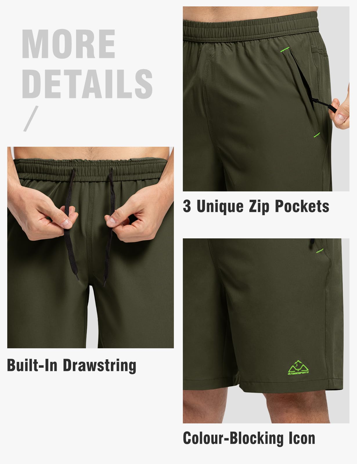 TBMPOY Men's Hiking Running 7" Shorts with Pockets Athletic Outdoor Sports Gym Running Short Zipper Pockets Army Green/Green L