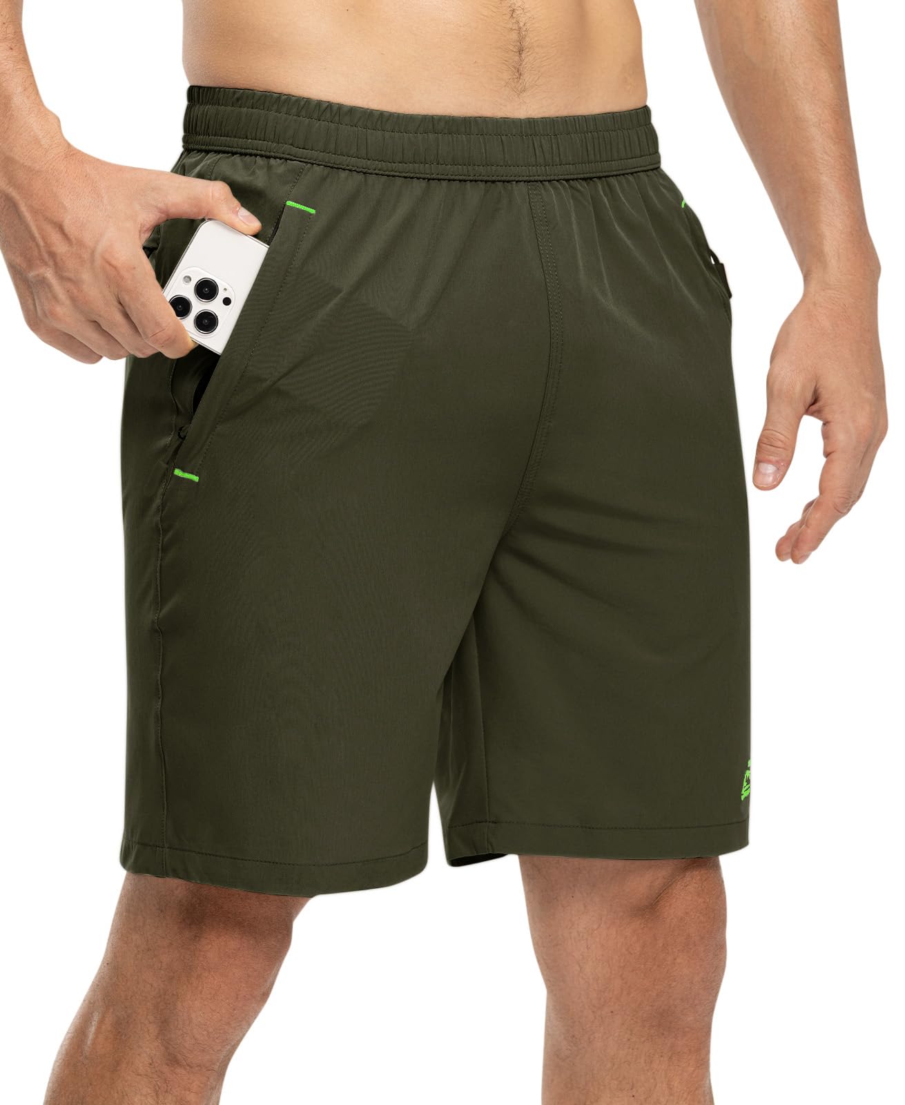 TBMPOY Men's Hiking Running 7" Shorts with Pockets Athletic Outdoor Sports Gym Running Short Zipper Pockets Army Green/Green L