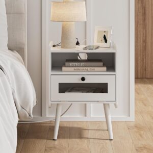 masupu nightstand with charging station,mid-century modern bedside table with storage drawer and open wood shelf,small end side table with glass decorative door for bedroom,living room,white