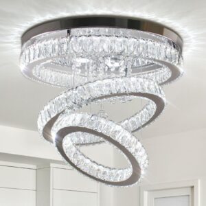 finktonglan 19.7" crystal chandelier modern led crystal ceiling light fixture flush mount ring chandeliers for bedroom dining room living room 6500k cool white