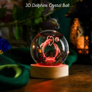 IFOLAINA Dolphin Gift 3D Dolphins Figurines in Crystal Ball 60mm Laser Engraved Glass Sphere Home Decor with Wooden Light Base