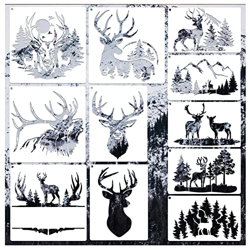 11 Pcs Deer Stencils Forest Mountain Tree Deer Head Stencils for Wood Burning Stencil Template Stencils for Painting on Wood Crafts Home Decors (Deer)