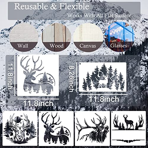 11 Pcs Deer Stencils Forest Mountain Tree Deer Head Stencils for Wood Burning Stencil Template Stencils for Painting on Wood Crafts Home Decors (Deer)