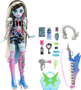 monster high doll, amped up frankie stein rockstar with instrument & performance-themed accessories like headphones