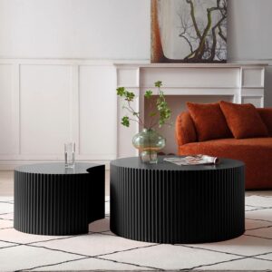 jurmalyn black round coffee table set of 2, modern drum coffee tables with moon side tables set wooden nesting coffee table with fluted for living room apartment mall (matte-black)