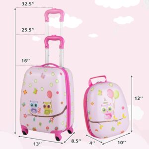 Olakids Kids Luggage Set, 16’’ Carry on Suitcase and 12’’ Travel Backpack with Wheels for Boys Girls, 2 Pcs Rolling Spinner Trolley Case Gift for Children Toddlers (Pink Owl)