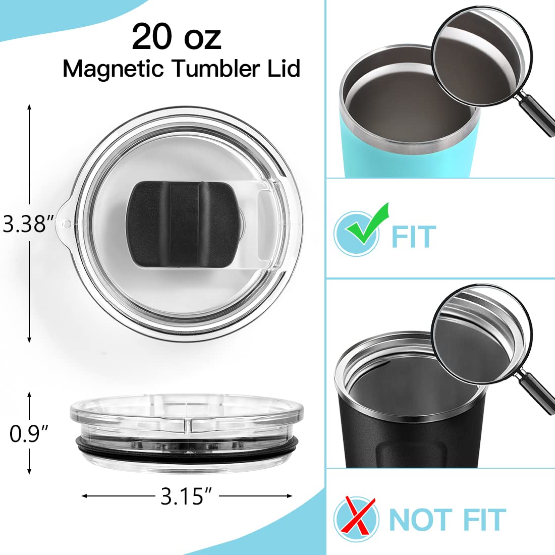 AUAUY 20 Oz Magnetic Tumbler Lid-Compatible with YETI Rambler,Ozark Trail, Coffee Tumbler, Magnetic Slider Switch Spill Proof Tumbler Cover-Come with Replacement Magnetic Slider, Black(1 Pcs)