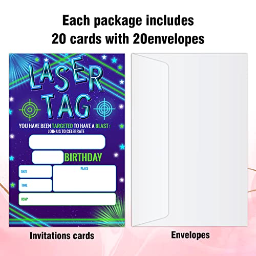 WUINCK Laser Tag Birthday Party Invitation Cards, Neon Laser Theme Party Invitations for Kids, Boys and Girls, Party Celebration Supplies, 20 Invitation with Envelopes - 0013