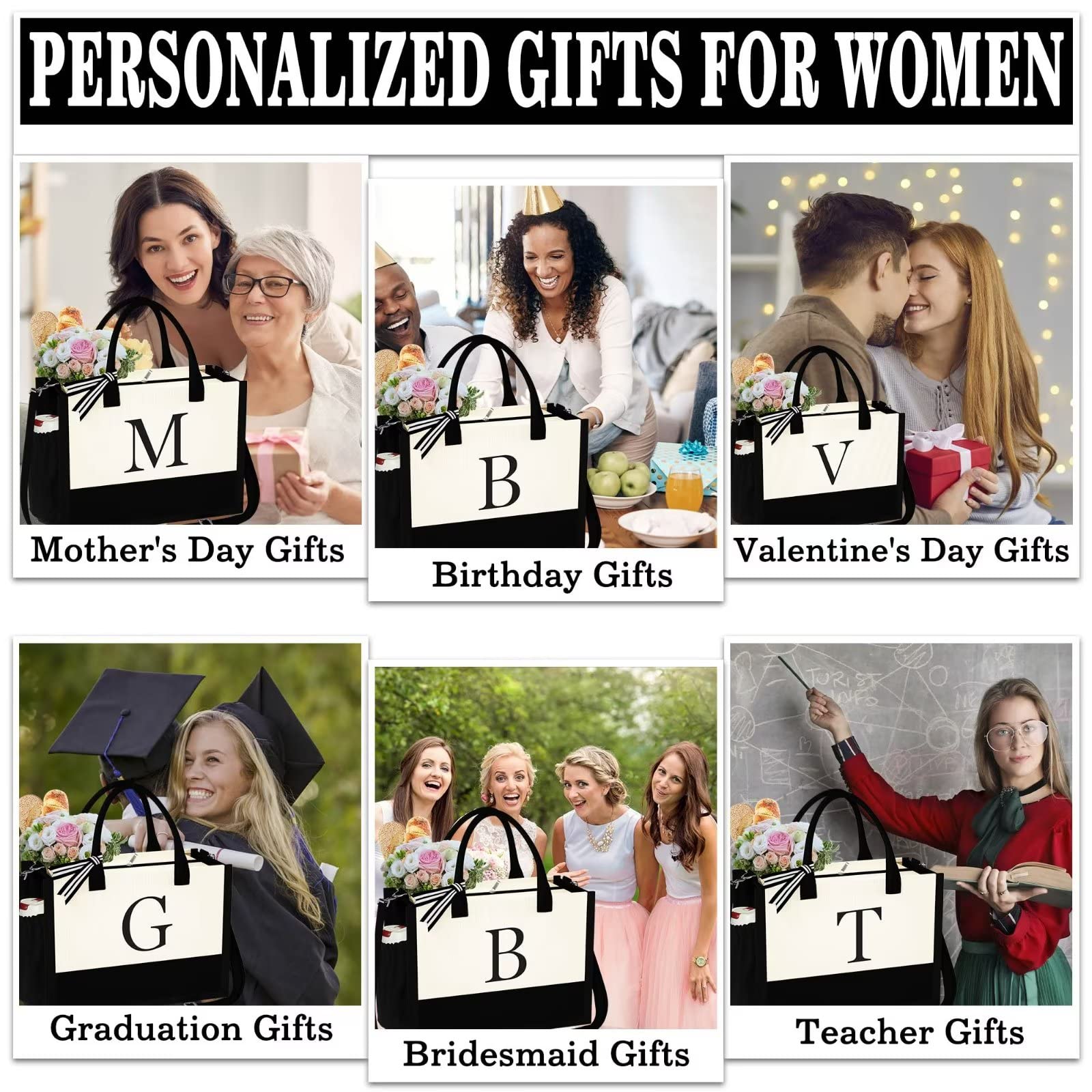 YOOLIFE Birthday Gifts for Women - Mothers Day Birthday Gifts Mom Friends Female Teacher Graduation Bridal Shower Bridesmaids Proposal Gifts Travel Beach Initial Tote Bag for Women J