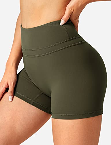 YEOREO Workout Biker Shorts for Women Athletic Scrunch Butt High Waisted Running Gym Shorts Yoga Tummy Control Spandex Military Olive L