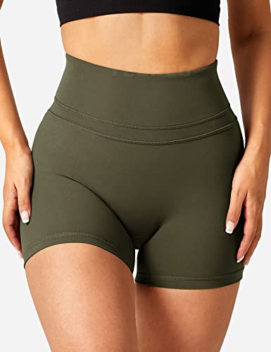 YEOREO Workout Biker Shorts for Women Athletic Scrunch Butt High Waisted Running Gym Shorts Yoga Tummy Control Spandex Military Olive L